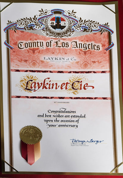 Los Angeles County Board of Supervisors honors Laykin et Cie 90th Anni